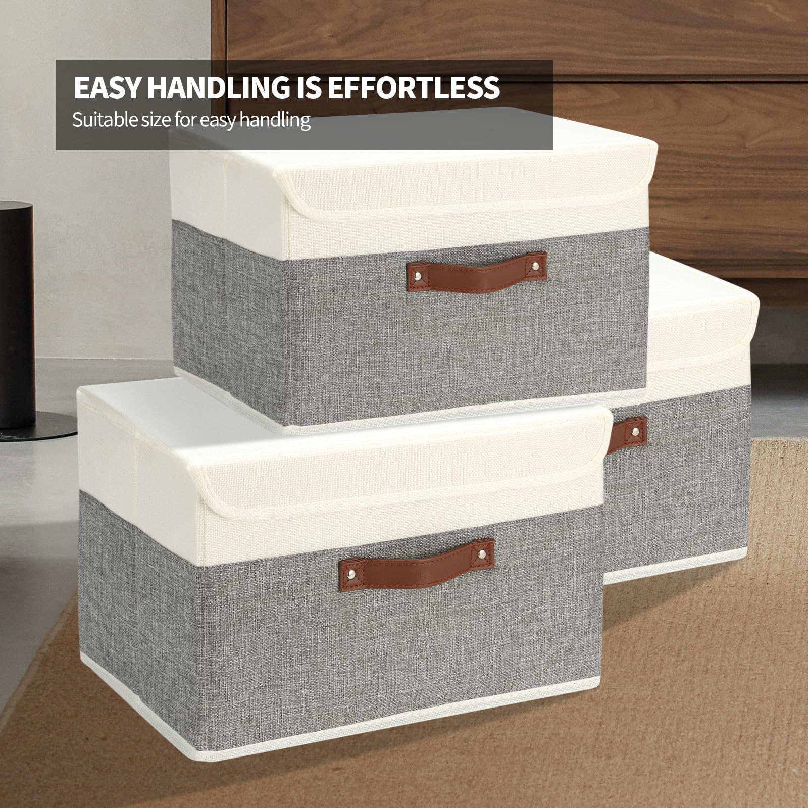 8 Pack Storage Bins Foldable Storage Boxes Fabric Storage Box with Lid & Handle Large Washable Storage Organizer Bulk for Office, Home, Books, Clothes, Bedroom, Closet, (15INx10INx10IN White/Grey)