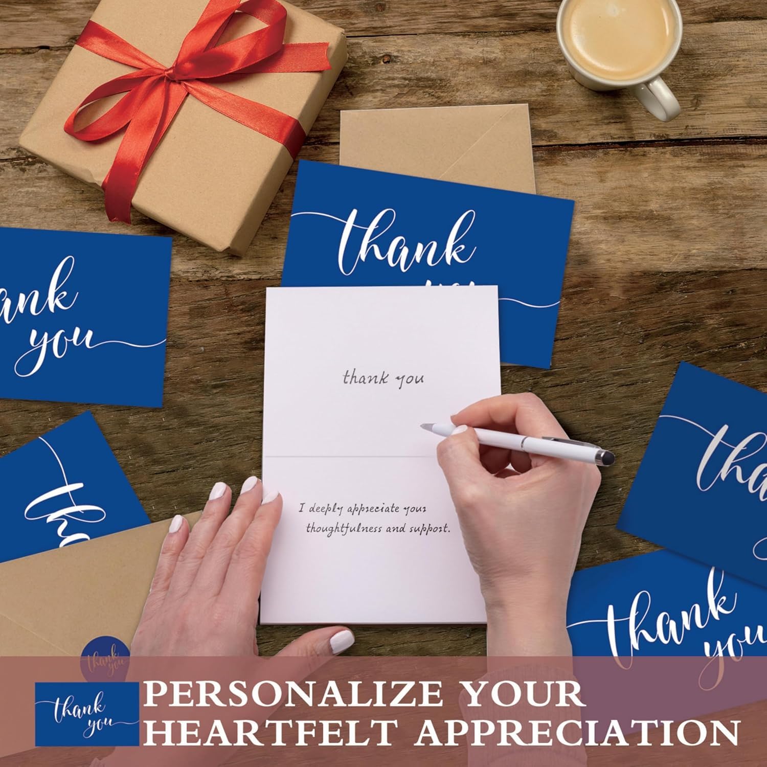 24 Pack Blue Thank You Cards With Envelopes and Stickers Leather Texture 4x6 Inch Blank Thank You Gift Note Cards Bulk for Wedding, Small Business, Baby Shower, Funeral, Graduation, Anniversaries