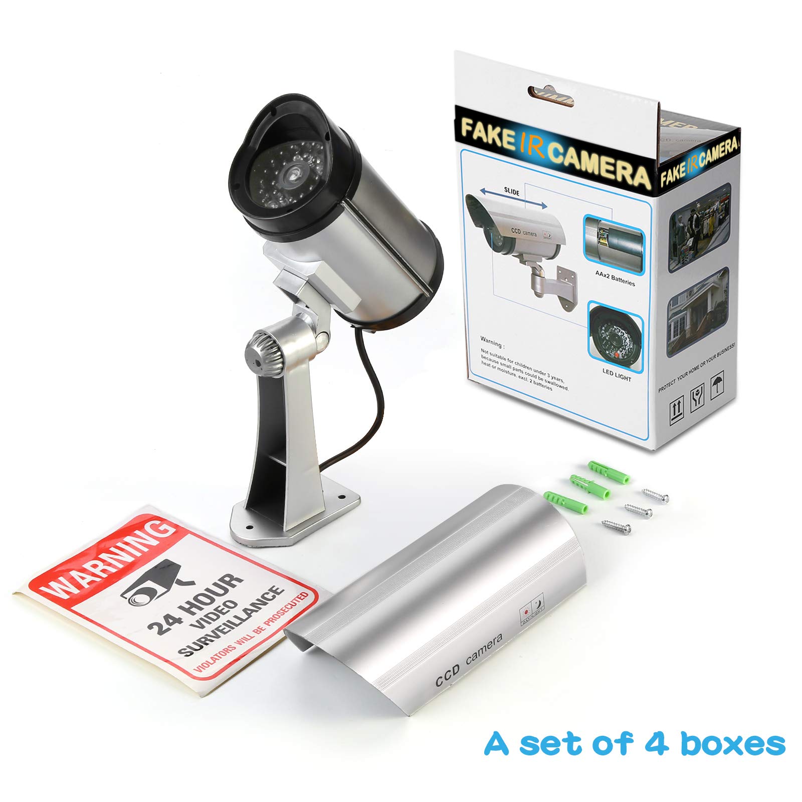 Fake Camera, FITNATE Dummy Camera CCTV Surveillance System with LED Red Flashing Light with 4 Safety Warning Stickers, Fake Security Camera for Outdoor & Indoor Use (4 Packs, Silver)