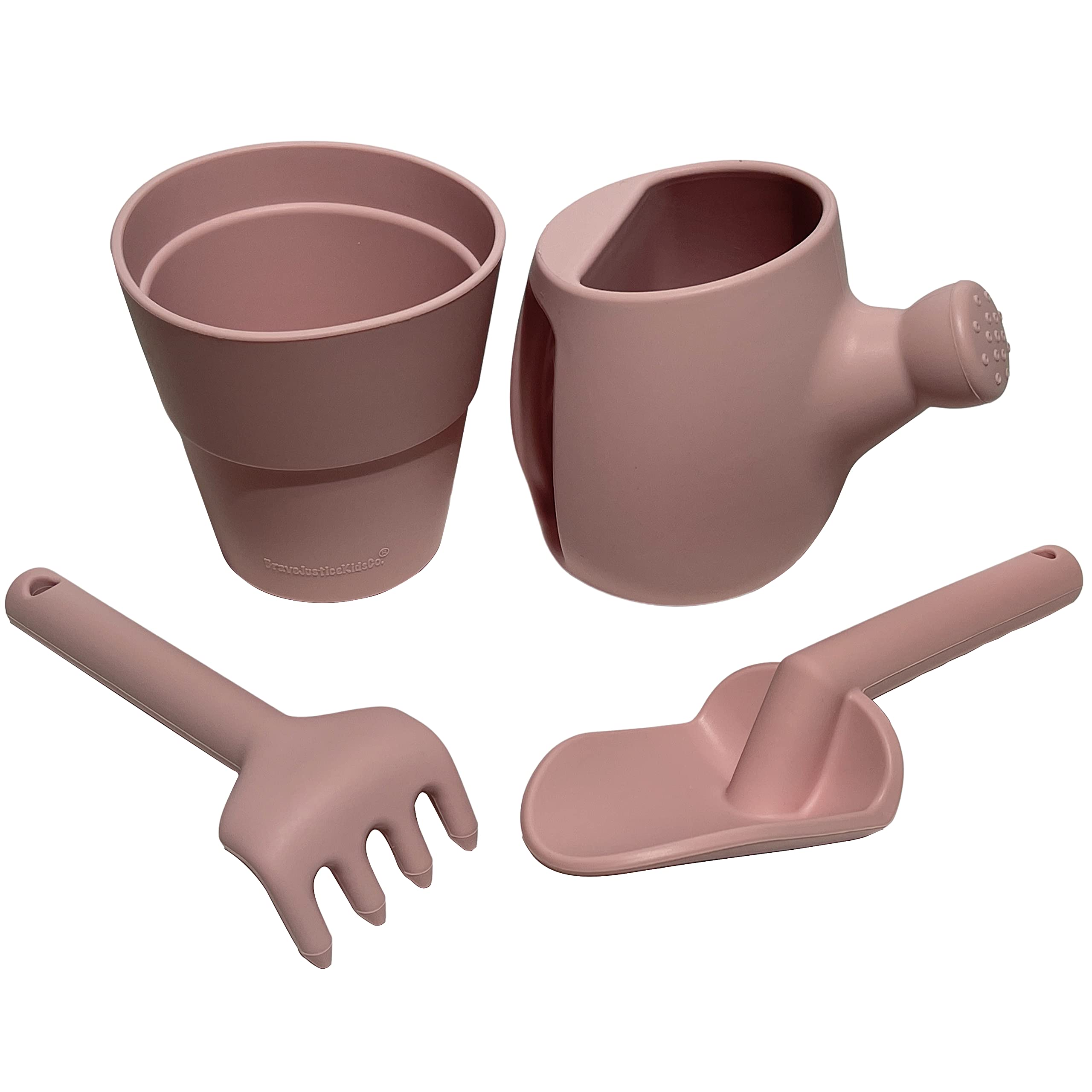BraveJusticeKidsCo. | Toddler Silicone Gardening Set | Watering Can & Pot | Rake & Shovel (Blush)