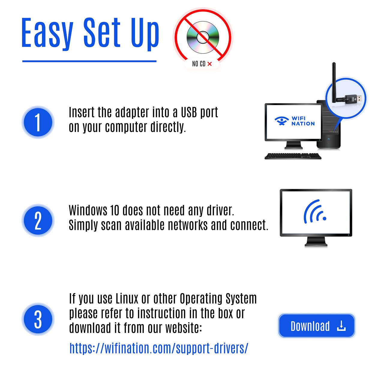 WiFi Nation® 802.11ac AC600 Fast USB WiFi Adapter, Wireless dongle with 2dBi dipole SMA Antenna, chipset: Realtek RTL8811AU, Dual Band 2.4GHz or 5GHz, Windows, MacOS and Linux Supported