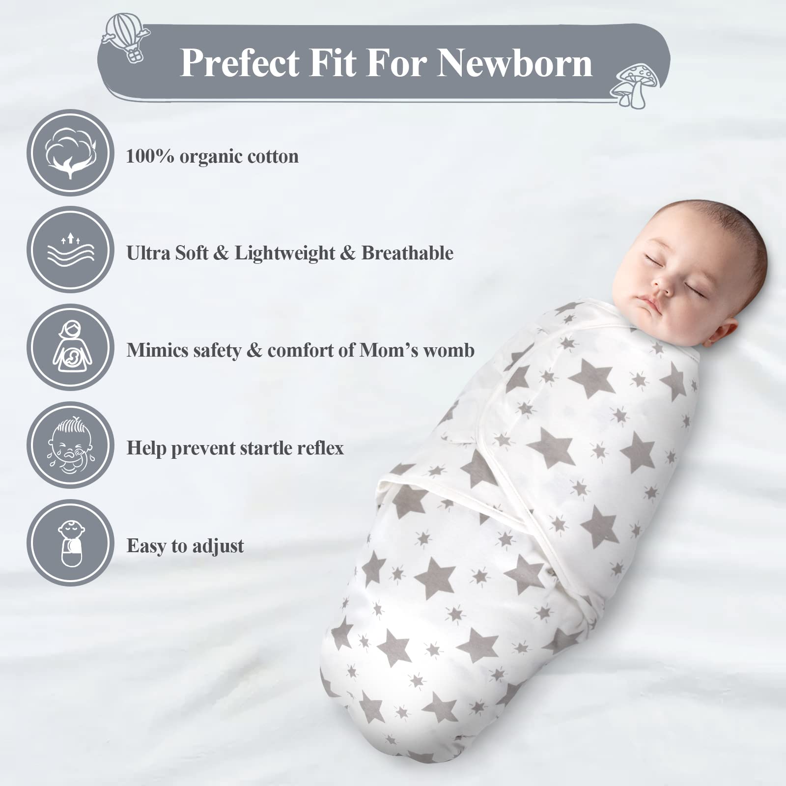 3 Pack Baby Swaddle Blanket, Adjustable 100% Organic Cotton Newborn Swaddle Sleep Sacks, Infant Swaddle Wrap Helps Prevent Startle Reflex(0-3 Months)