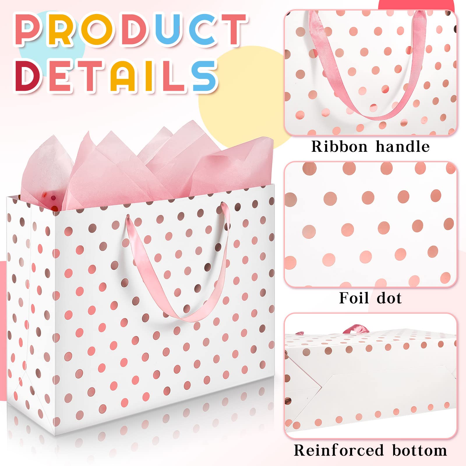8 Pcs 16'' Extra Large Gift Bags Metallic Dots Present Bags with Handles and Paper for Wedding Holiday Birth Party (Colored)