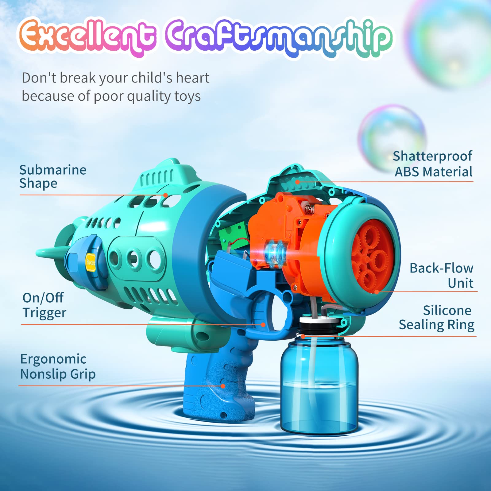 Bubble Gun with Bubble Liquid, Bubble Machine for Toddlers with 360-Degree Leak-Proof Design, Ergonomic Grip, Automatic Bubble Guns for Kids, Party Favors, Birthday Gift, Easter