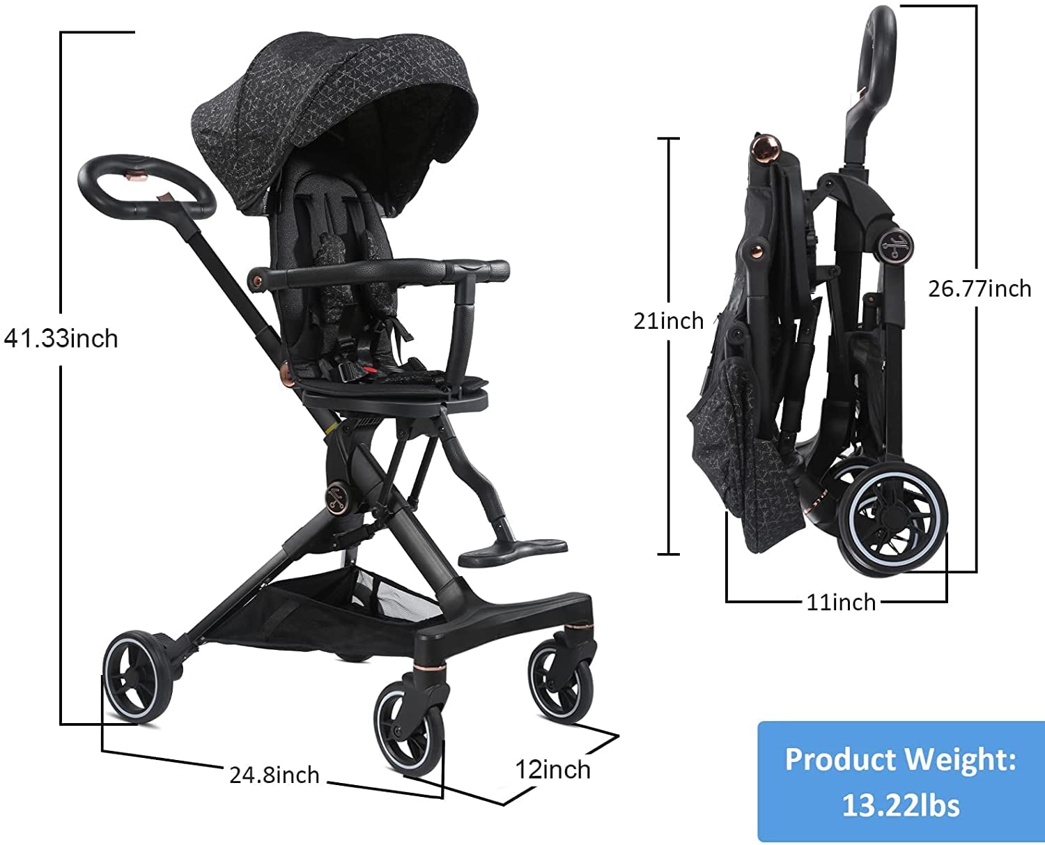 Wheelive Lightweight Stroller for Toddlers, 2-in-1 Stroller for Reversible Seat and Reclinable Backrest, Compact Travel Stroller with Sun Canopy and Adjustable Handles & Storage Basket
