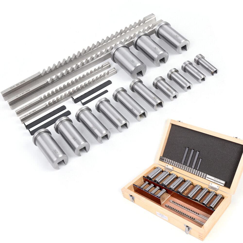 22pcs Keyway Broach Kit, Collared Bushing Shim Sets Metric Size 4 Broaches, 13 Bushings and 5 Gaskets High Speed Steel Keyway Broach Set Metal Processing Tool