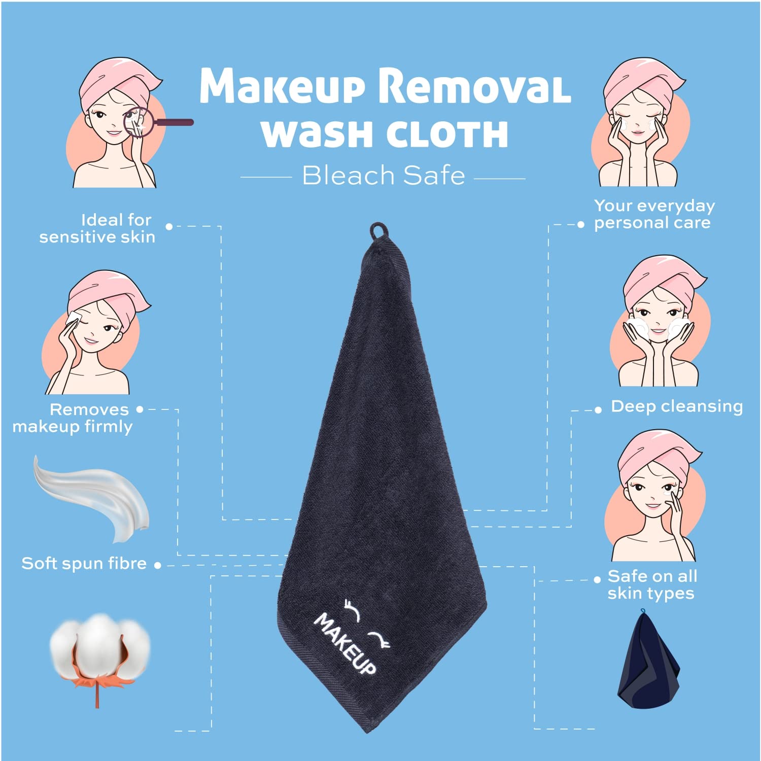 White Classic Bleach Safe Black Makeup Washcloths for Face Cleansing, 12 Pack - Super Soft Luxury Cotton Black Makeup Towels, Highly Absorbent and Quick Dry, All Makeup Remover Cloth | 13 x 13