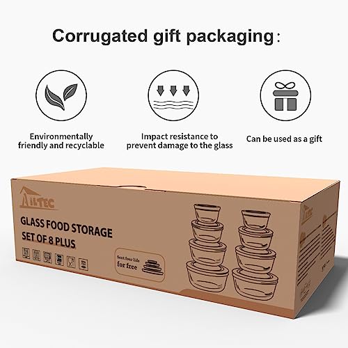 AILTEC Glass Food Storage Containers with Lids, Glass Meal Prep Containers for Lunch, 8Pack Reusable Round Container Set with Simply Lid/B
