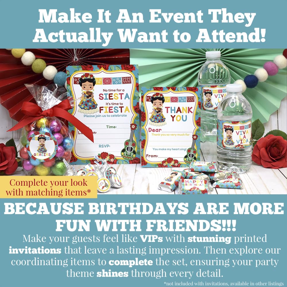 Amanda Creation Frida Fiesta Themed Birthday Party Invitations, 20 5x7 Fill In Cards with Twenty White Envelopes