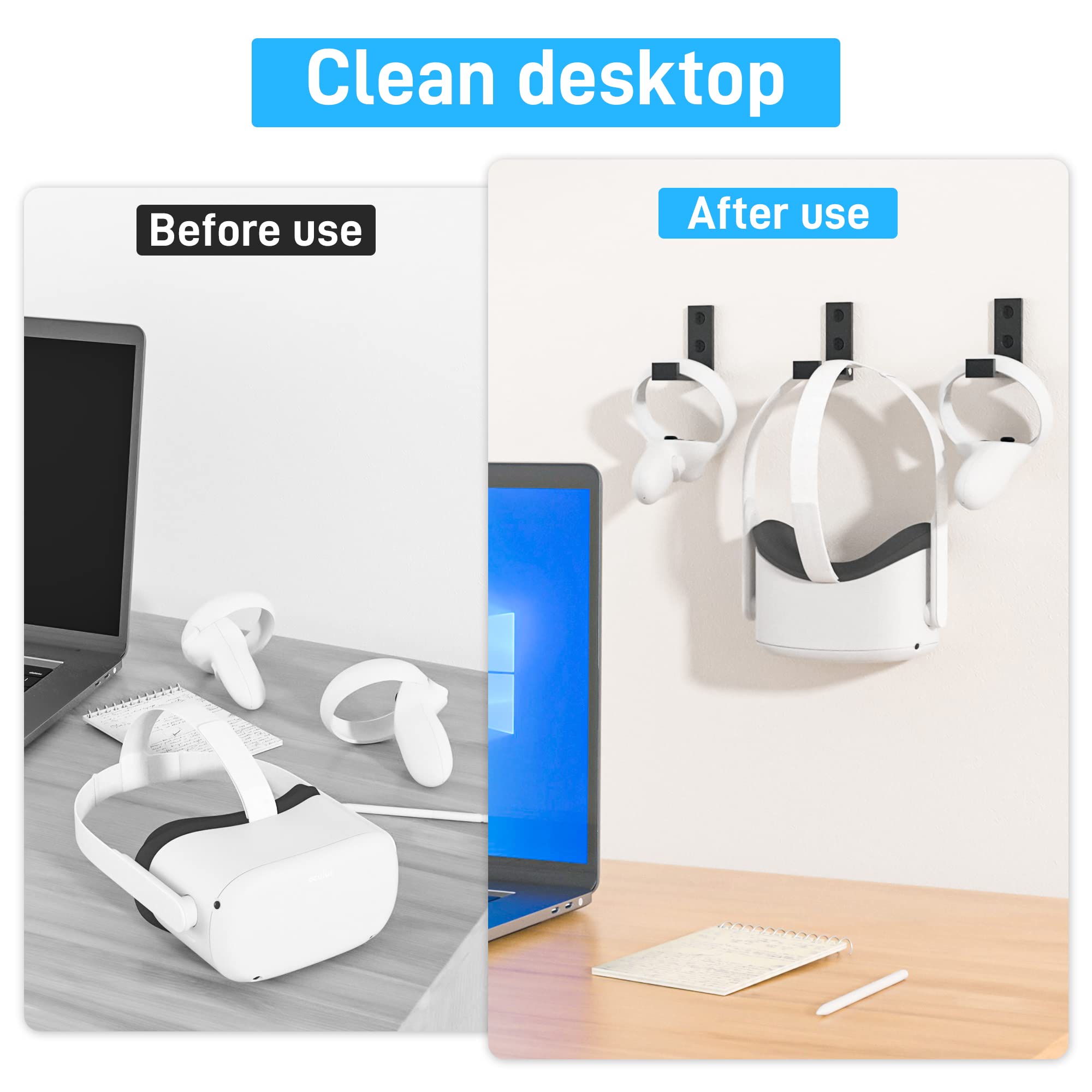3 Pack - FUNDIARY Folding Wall Mount for Oculus Quest 2, VR Headset Wall Hooks for Meta Quest 2 Accessories, Stand Bracket Bundles with Screws, Wall Stand Hanger - Balck