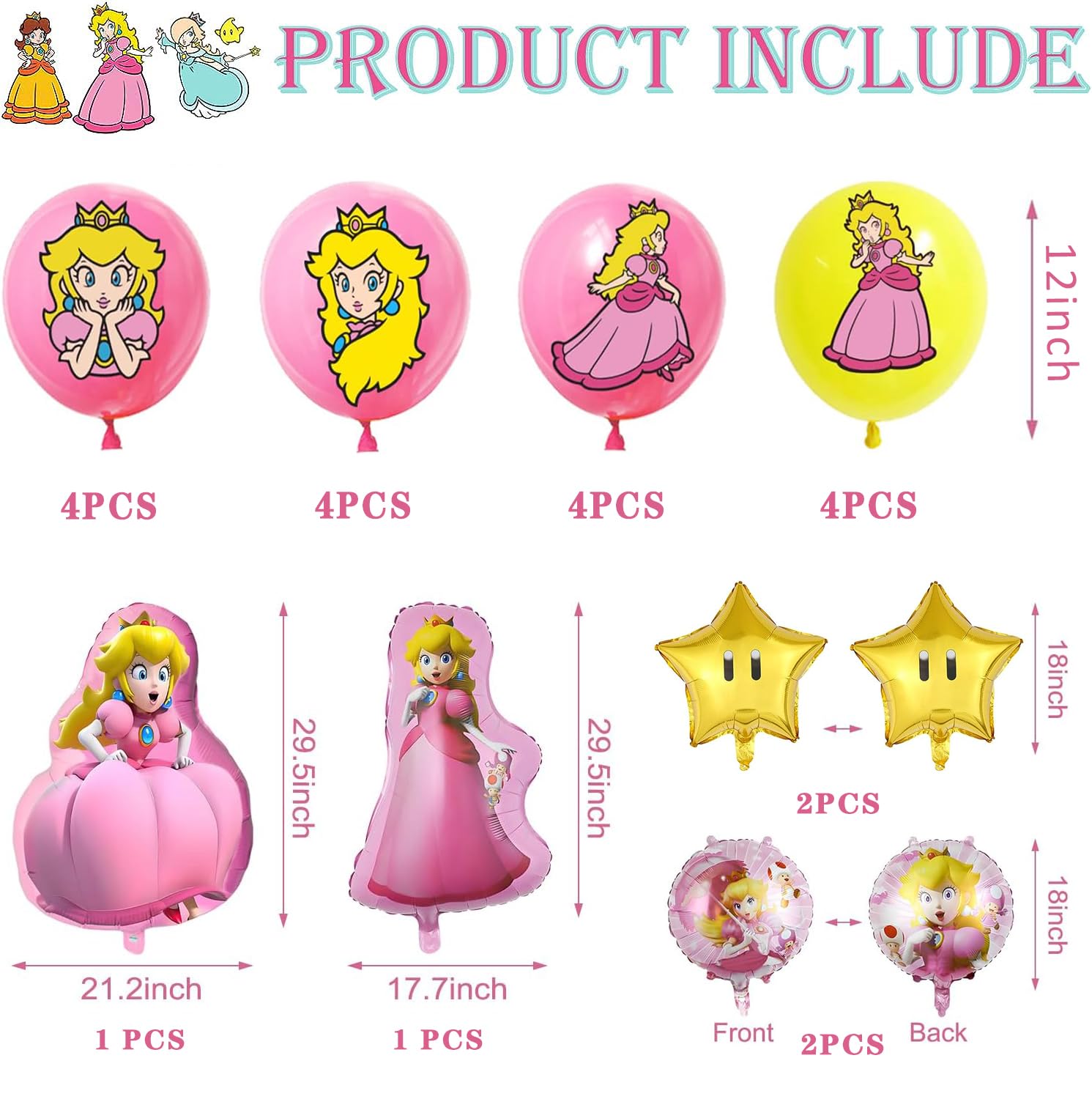 22pcs Princess Peach Birthday Party Decorations, Princess Peach Foil Balloons Latex Balloon for Mario Theme Party Decorations