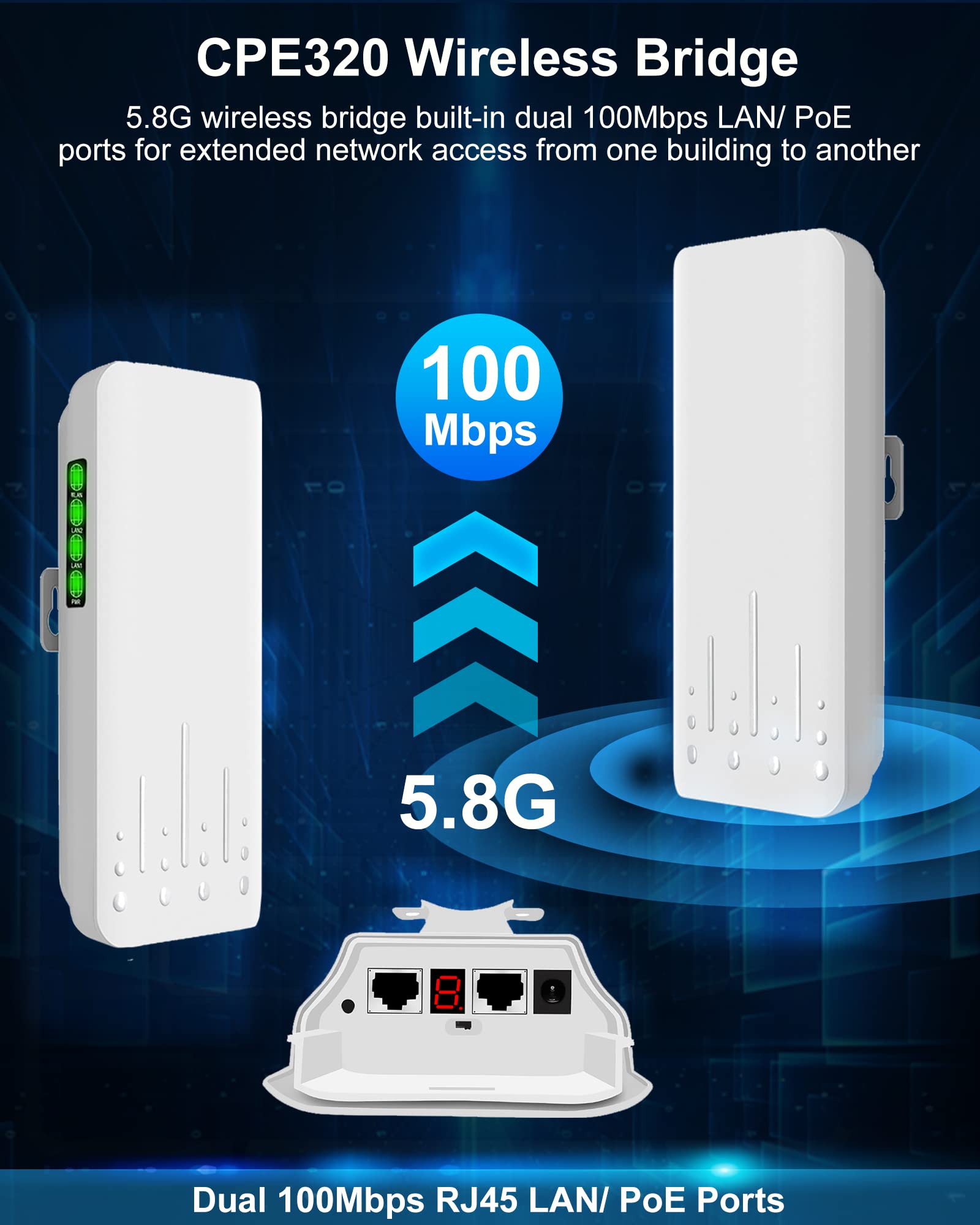 Wireless Bridge Point to Point Outdoor,5.8GHz 100Mkbps CPE Outdoor WiFi Network Extender, Long Range Access Point with High Gain Antenna for Starlink Satellite Internet or Video Surveillance 2-Pack