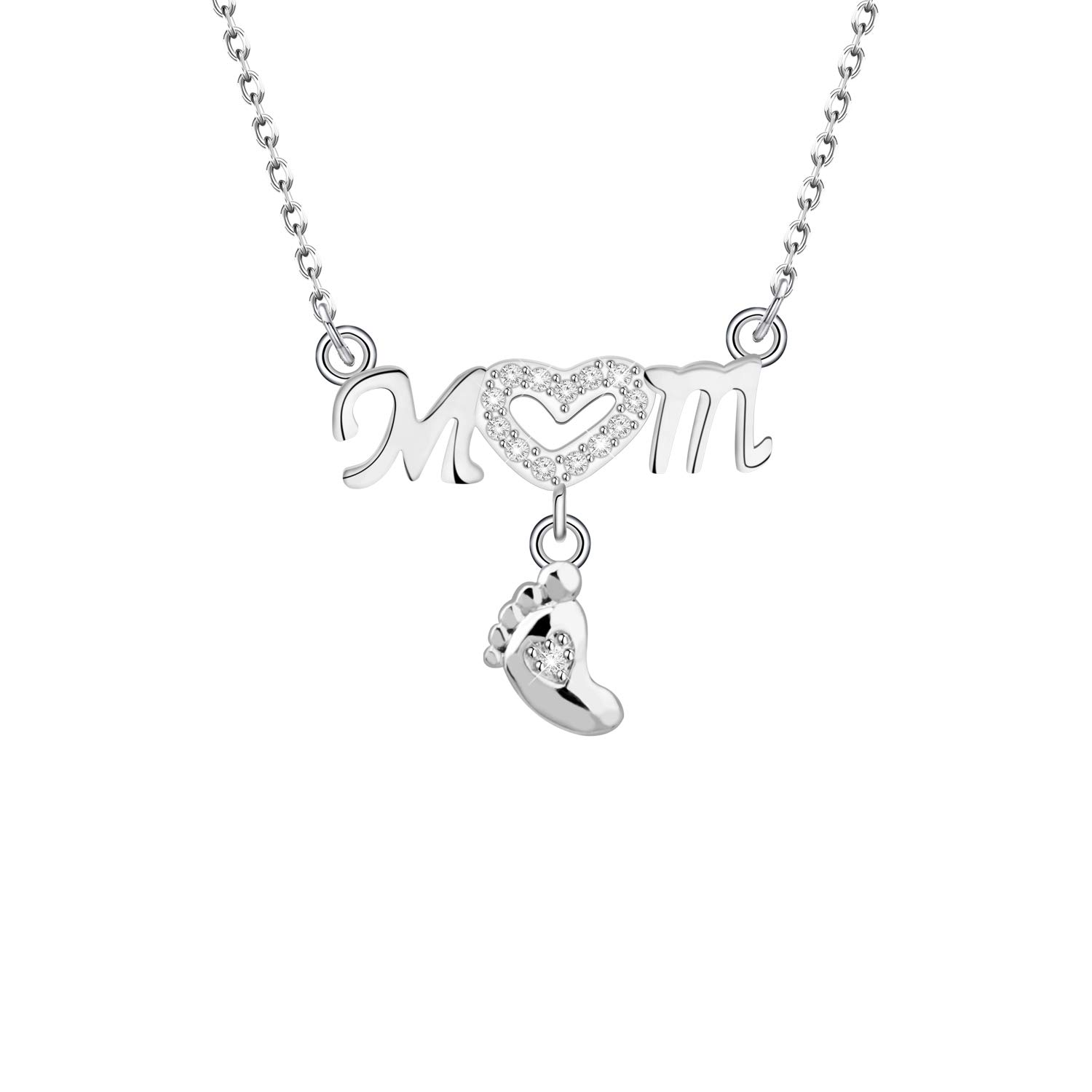 FEELMEM Pregnant Mom to Be Gift New Mom Gift 1 2 3 Baby Feet Footprint Charm Mom Heart Symbol Necklace Gift for New Mother Mommy To Be (Footprint-silve-1)