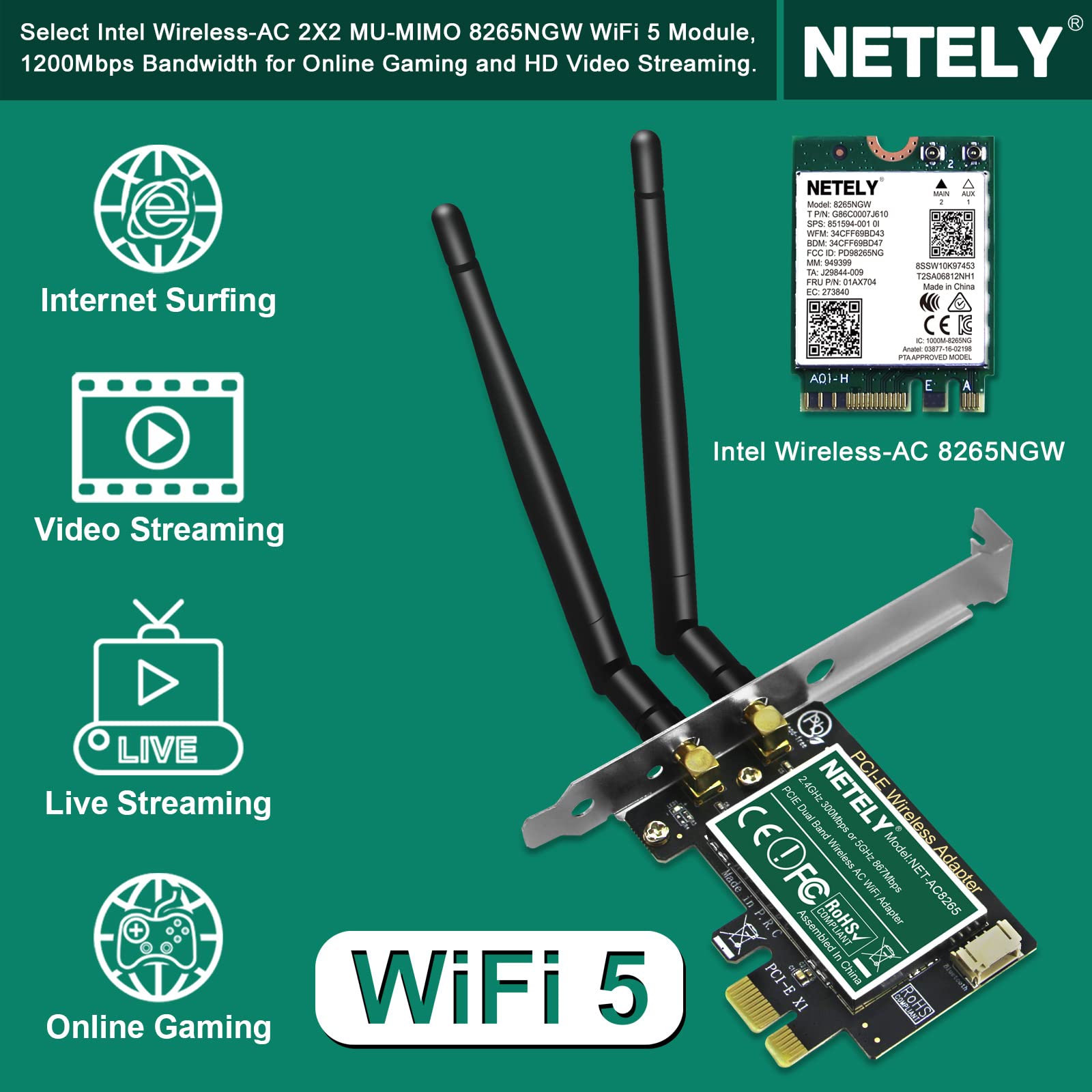NETELY Dual Band Wireless-AC 1200Mbps PCIE WiFi Adapter with Bluetooth 4.2 for Windows 7, 8.x, 10, 11 64bit System Desktop PCs, 2.4GHz 300Mbps and 5GHz 867Mbps PCIE WiFi Card (NET-AC8265)