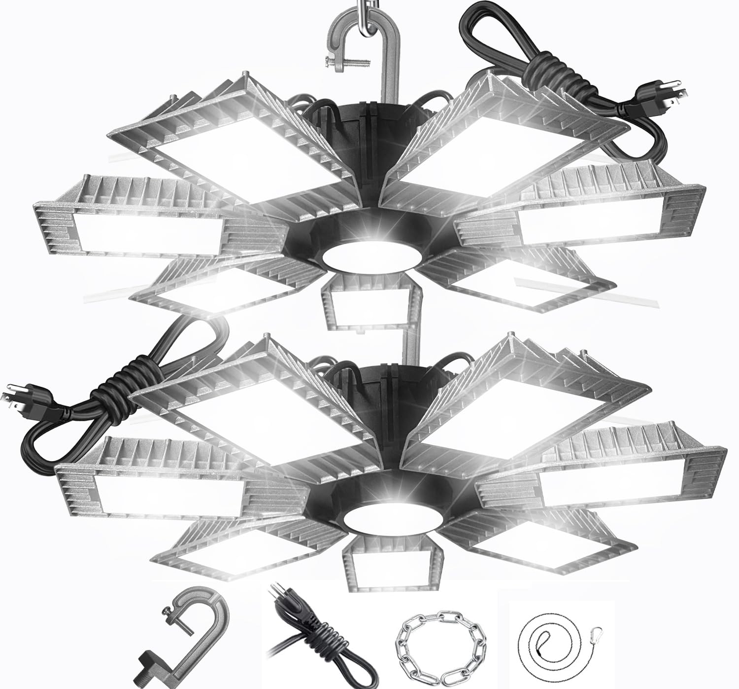 2-Pack 250W LED High Bay Light 6500K Adjustable 7Panel Design 30000LM Bright Shop Light Aluminum Heat Sink - Ideal for Warehouse, Residential, Barn, Factory, Workshop Hanging LED Shop Lighting