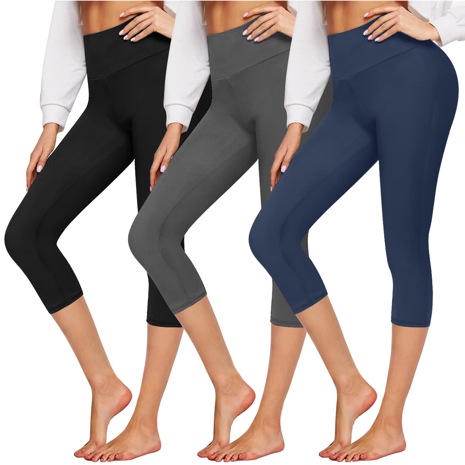 3 Pack Capri Leggings for Women Butt Lift No See-Through High Waisted Tummy Control Yoga Pants Workout Black Cycling Tights