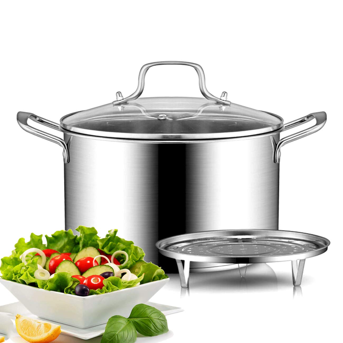 5-Quart Stainless Steel Stock Pot - Food Grade Stainless Steel Heavy Duty Induction - Stock Pot, Stew Pot, Steamer,Simmering Pot, Soup Pot with See-Through Lid, Dishwasher Safe (26cm)