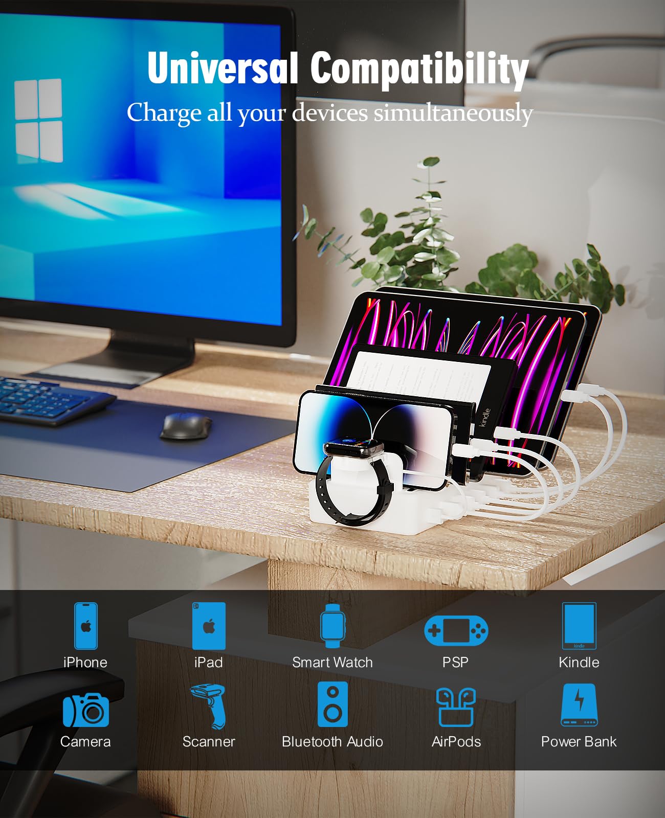 ββββππ¦πΈ Charging Station Multiple Charger Station - 6-Port USB Fast Charging Dock 50W Organizer Station with Watch Charger for iPhone|Android Cell Phone|iPad|Kindle|Watch|Tablet