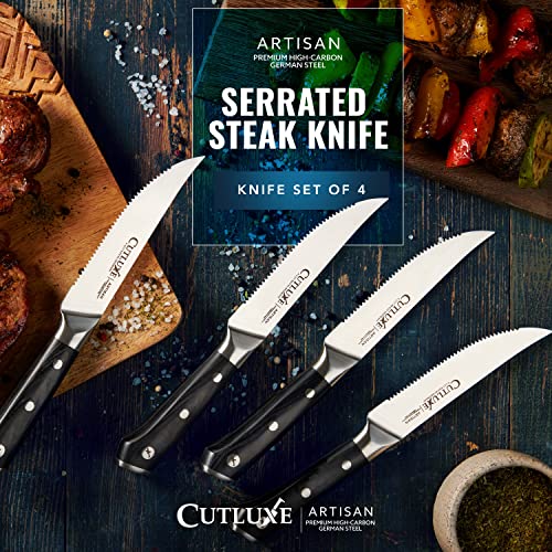 Cutluxe Steak Knives - Serrated Steak Knife Set of 4 β Forged High Carbon German Steel β Full Tang β Ergonomic Handle Design β Artisan Series