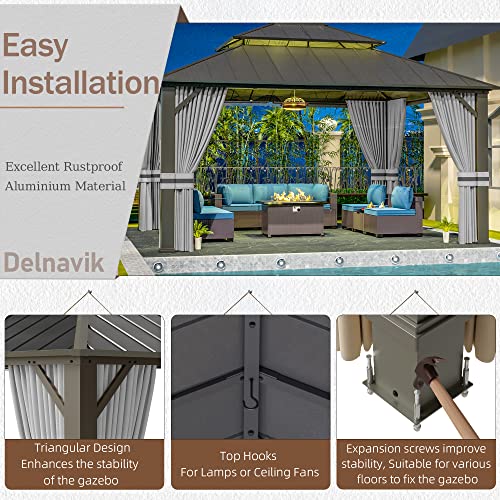 Delnavik 12X14FT Hardtop Gazebo Double Roof, Pergolas Aluminum Frame, Outdoor Metal Gazebos with Netting and Curtains for Patio, Backyard, Deck and Lawns, Grey