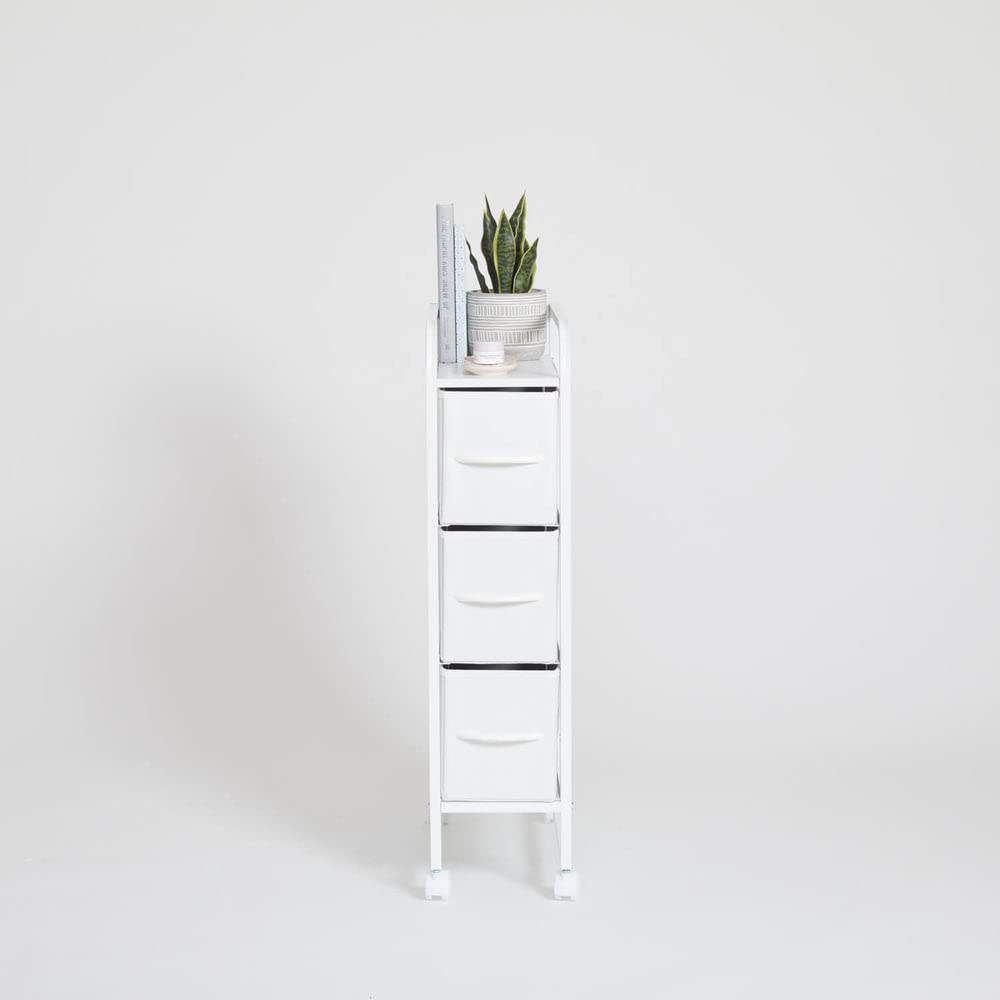 Dormify Narrow 3-Drawer Cart on Wheels | Rolling Table with Wheels | Storage Drawers | Organizer | Nightstand | Dresser for Closet | White | Storage for Small Spaces | Bedroom & Dorm Room Essential