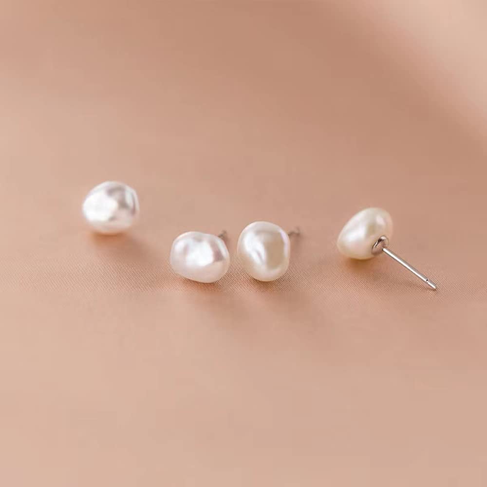 1Pairs Sterling Silver 8mm Baroque Pearl Stud Earrings White Round Freshwater Pearl Ear Studs Hypoallergenic for Women