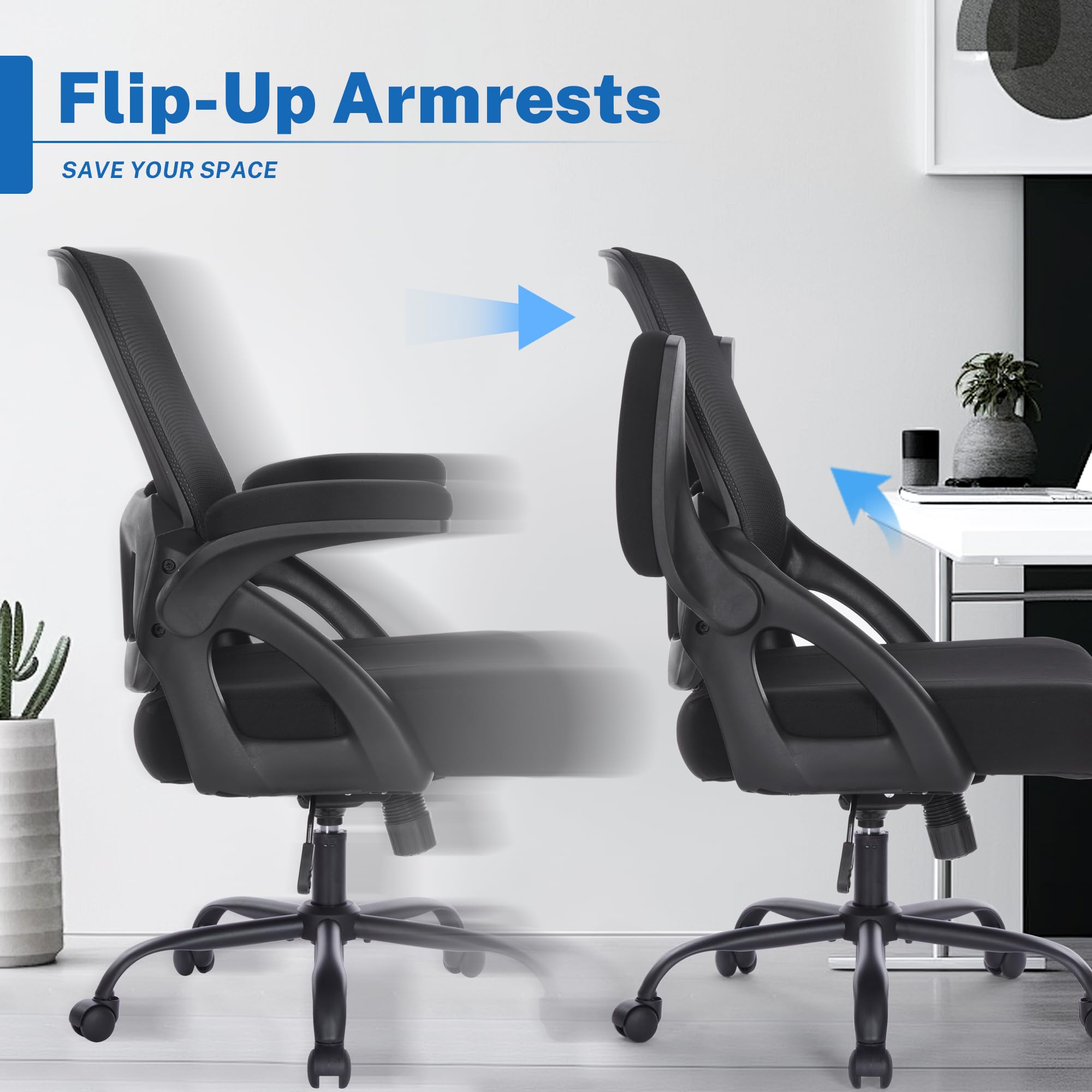 400lb Big and Tall Office Chair, Mesh Heavy Duty Desk Chair, Flip Arms Plus Size Ergonomic Computer Chair Extra Wide Seat, Executive Home Office Rolling Swivel Task Chairs for Heavy People