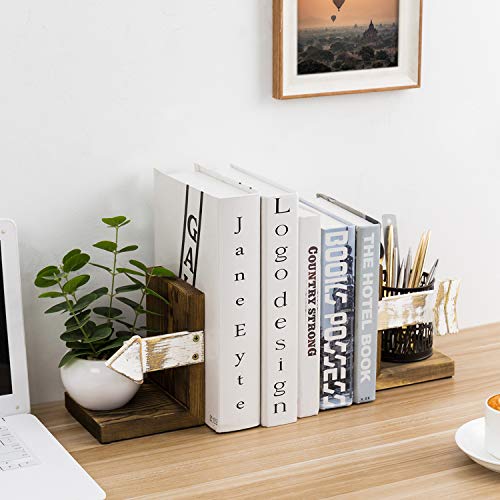 MyGift Rustic Burnt Solid Wood Decorative Bookend with Whitewashed Arrow Design, Office Desktop Book Support Stand, 1-Pair
