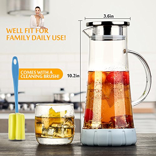 BOQO Glass Water Pitcher,50 Oz Carafe with Lid,Glass Water Jug with Particular Coaster and Brush,Glass Water Jar
