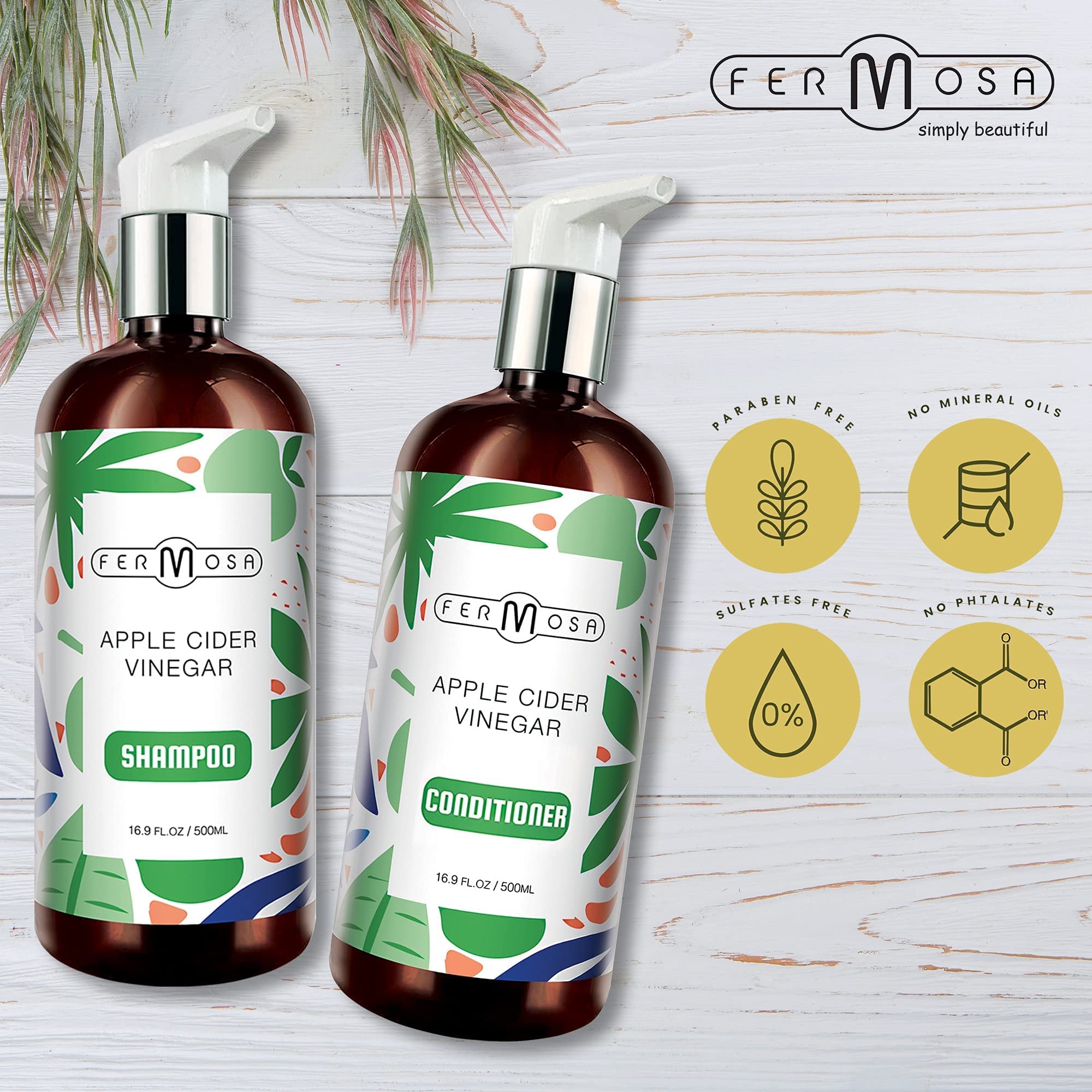 Fermosa Apple Cider Vinegar Shampoo and Conditioner Set - Clarifying Nourishing & Soothing, Reduce Itchy Scalp, Dandruff & Frizz, Adds Gloss, Hydration & Shine, Sulfate Free 16.9oz/ 500ml per bottle