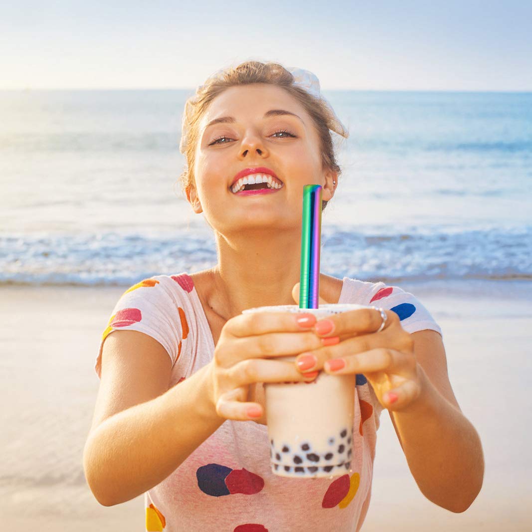 3 Pcs Reusable Boba Straws & Smoothie Straws, 0.5" Wide Stainless Steel Straws, Angled Tips Metal Straws for Bubble Tea, Milkshakes, Smoothies with Cleanning Brush & Case (Rainbow)