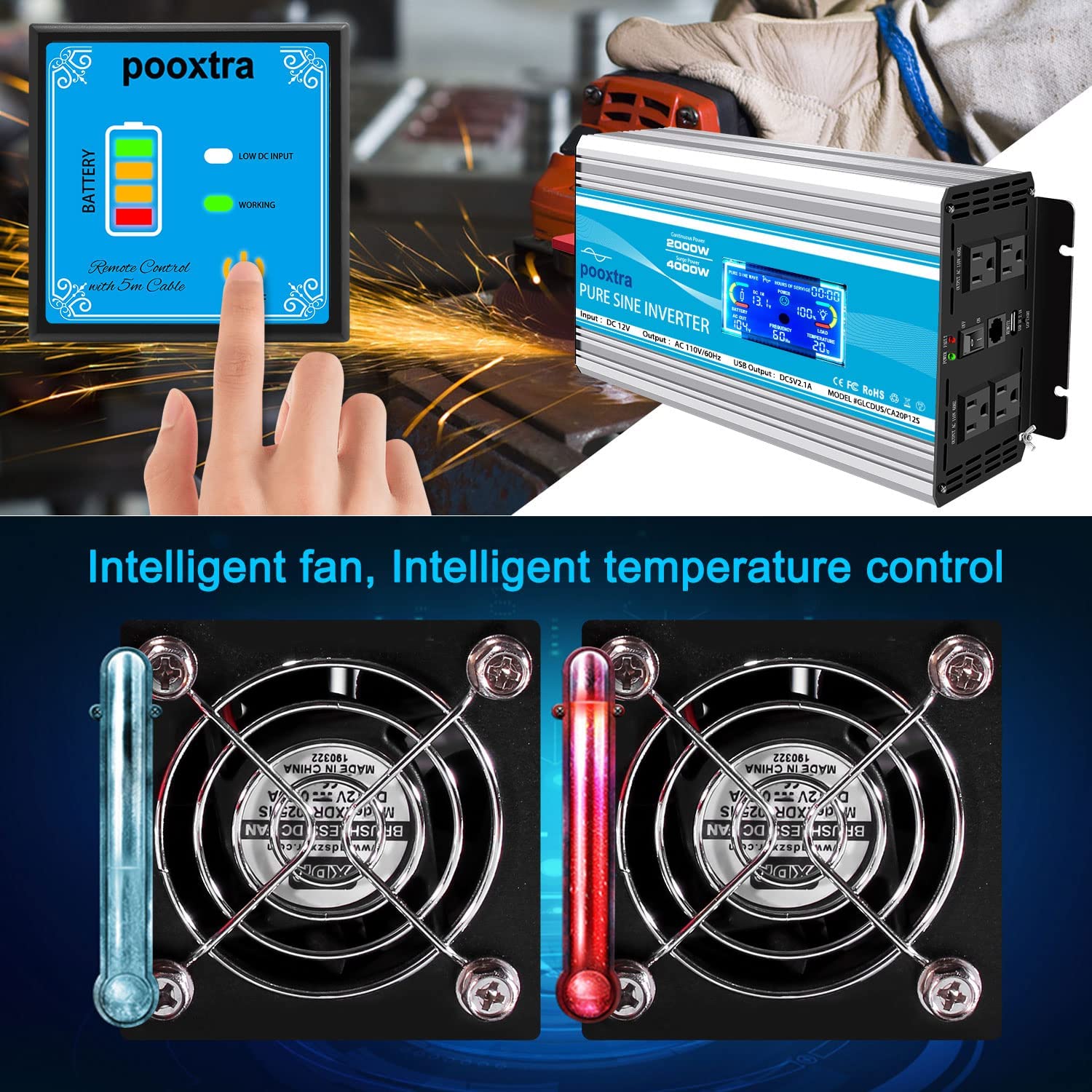 2000 Watt Pure Sine Wave Inverter 12v to AC 110v with 4AC Power Outlets,Remote Control,2 Cooling Fans + LCD Display & USB Port for Home RV Emergency to Use(4000 watt Peak Power)