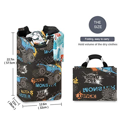 susiyo Abstract Monster Truck Car Laundry Basket Collapsible Laundry Hamper Foldable Dirty Clothes Bag Large Storage Basket with Handles for Kid Room Toy Bin Bathroom Clothing Organizer