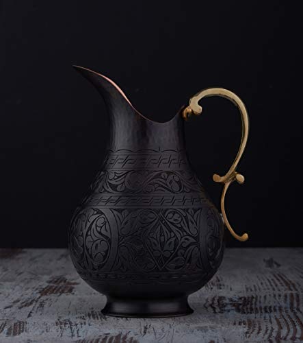 DEMMEX The Pitcher, 1mm Solid Copper Handmade Engraved Copper Pitcher Vessel Ayurveda Jug for Drinking Water, Moscow Mule, Cocktail (Antiqued-Engraved)