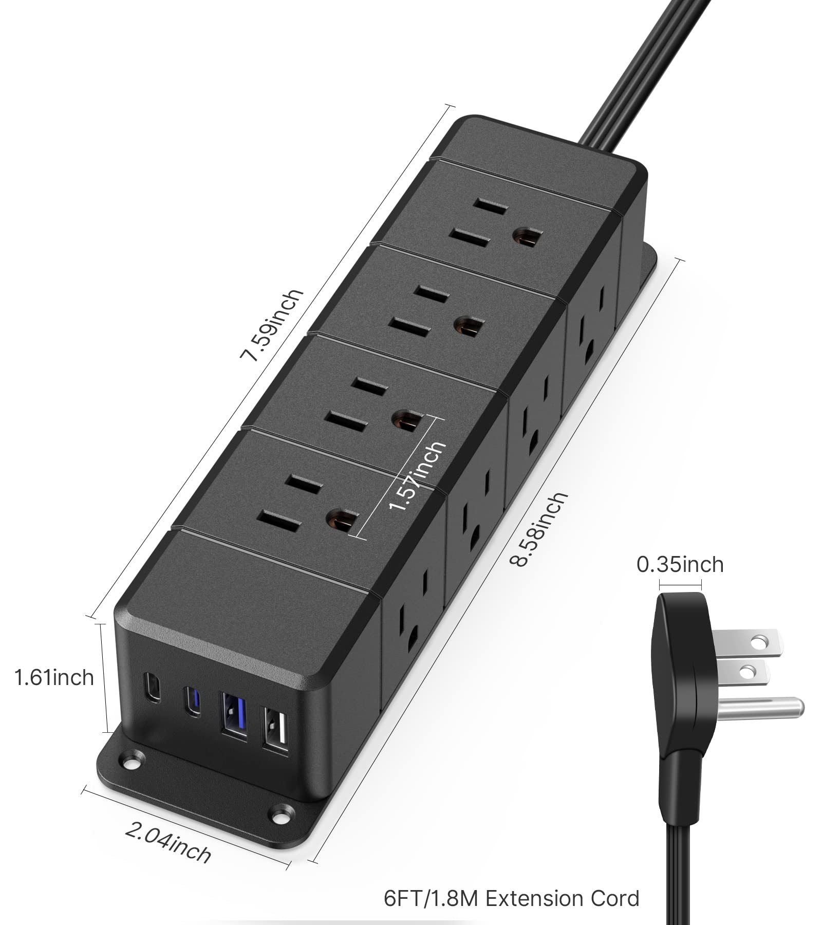 30W USB C Power Strip Surge Protector,Ultra Thin Flat Plug Power Strip 4 Side 12 Outlets,1 PD Fast Charing,2 USB-C, 2 USB-A(4 USB Total 40W),6ft Slim Extension Cord,16 in 1 Desk Power Bar,1200J Black