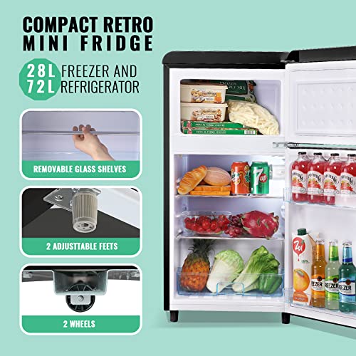 DEMULLER Mini Fridge Dual Door Refrigerator with Freezer, 3.5 Cu.Ft Compact Refrigerator with Handle, Adjustable Temperature & Removable Glass Shelves, for Apartment/Dorm/Office/RV, Black