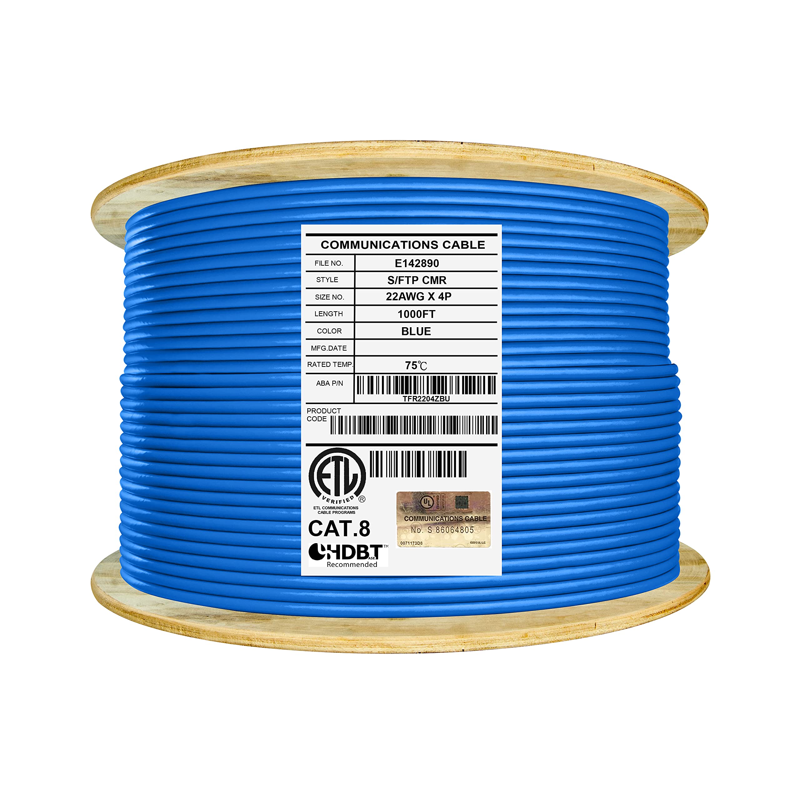 Elite Cat8 Shielded Riser (CMR), 40Gb, 2000MHz, S/FTP 22AWG, Solid Pure Copper, Higher Performance PoE, UL Listed, ETL Verified (Blue, 1000ft.)