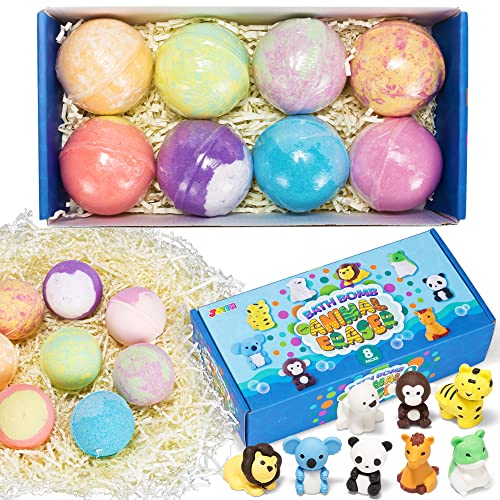 JOYIN Bath Bombs for Kids with Animal Eraser, 8 Pack Bubble Bath Bombs with Surprise Toy Inside, Natural Essential Oil SPA Bath Fizzies Set, Easter Gifts for Boys and Girls