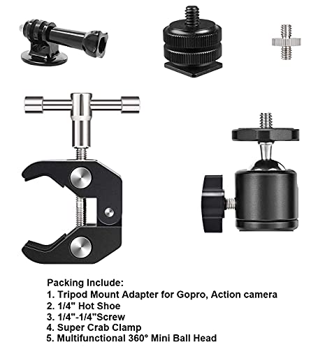 Camera Super Clamp Mount with Ball Head Mount Hot Shoe Adapter with 1/4 Thread for GoPro Hero 10 9 8 7 6 5 4,DJI Action Cameras, LCD Field Monitor LED Lights 360°Motorcycle Camera Mount