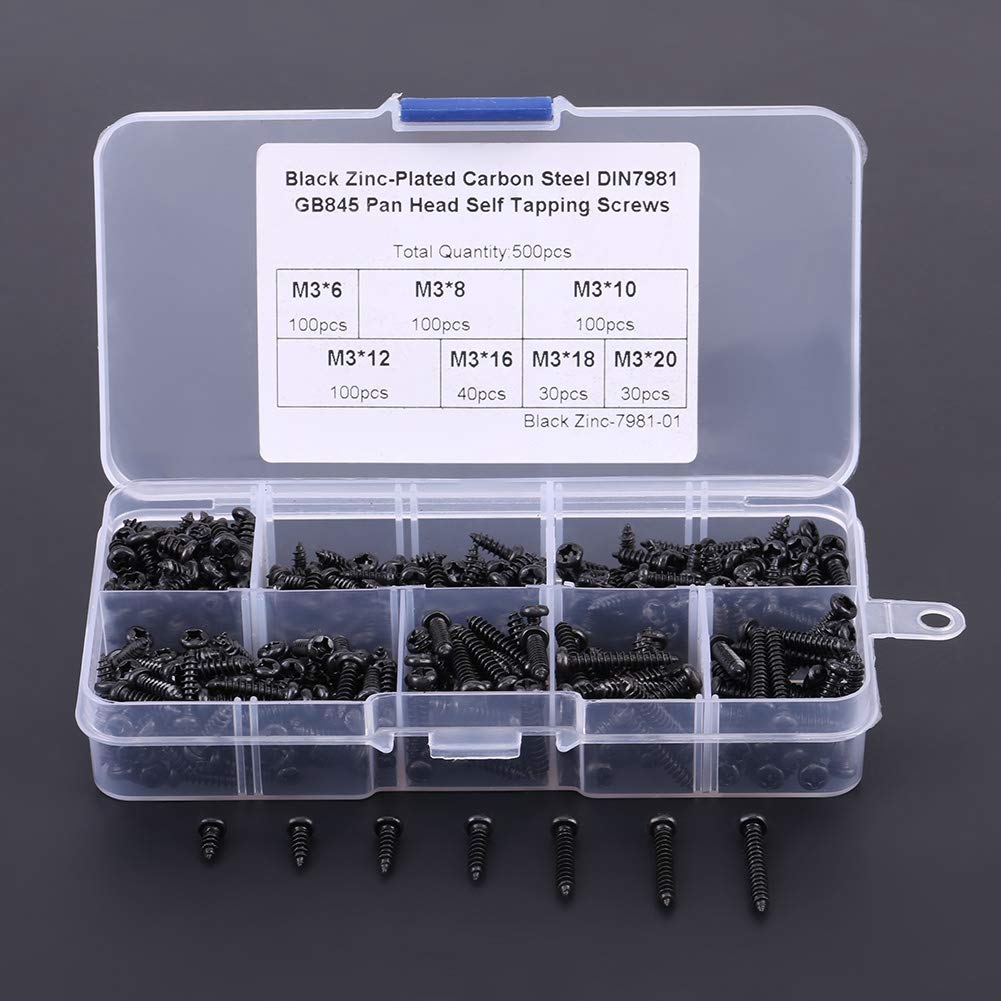 Button Head Screws, 500PCS M3 Cross Drive Button Head Self-Tapping Screws Fastener Assortment Set with Plastic Box Head Bolts Stainless Button Head Screws (Black Carbon Steel)