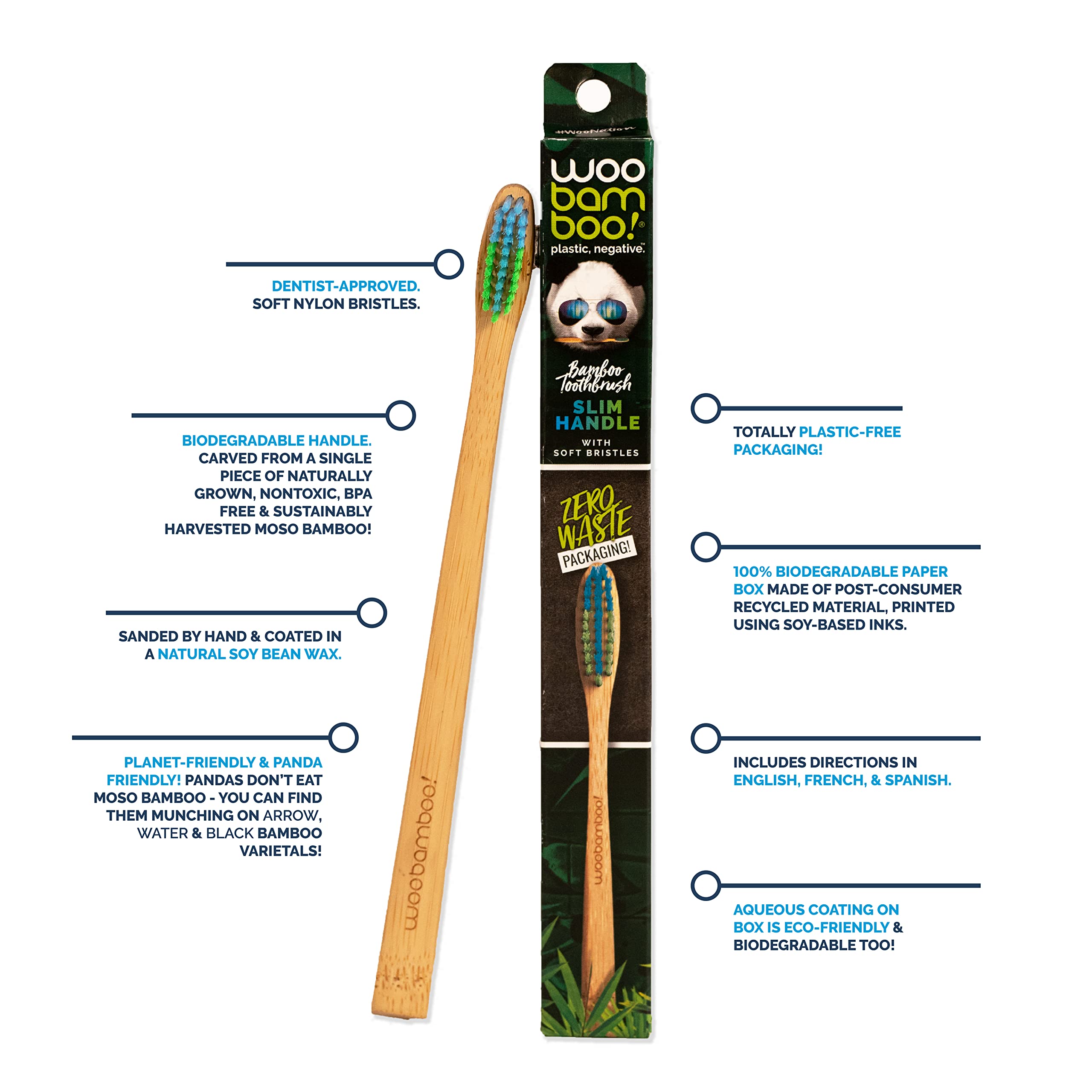 Woobamboo! Bamboo Toothbrush - Slim Handle - Soft Bristle - BPA Free Nylon Bristles - Eco-Friendly, Biodegradable, Compostable, Vegan (Pack of 1)