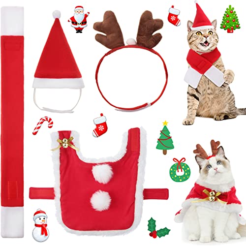 Syhood 4 Pieces Cat Christmas Costume Outfit Adjustable Cat Apparel Costume Cat Santa Christmas Hat and Scarf Cat Reindeer Antler Hat for Christmas Party Cosplay