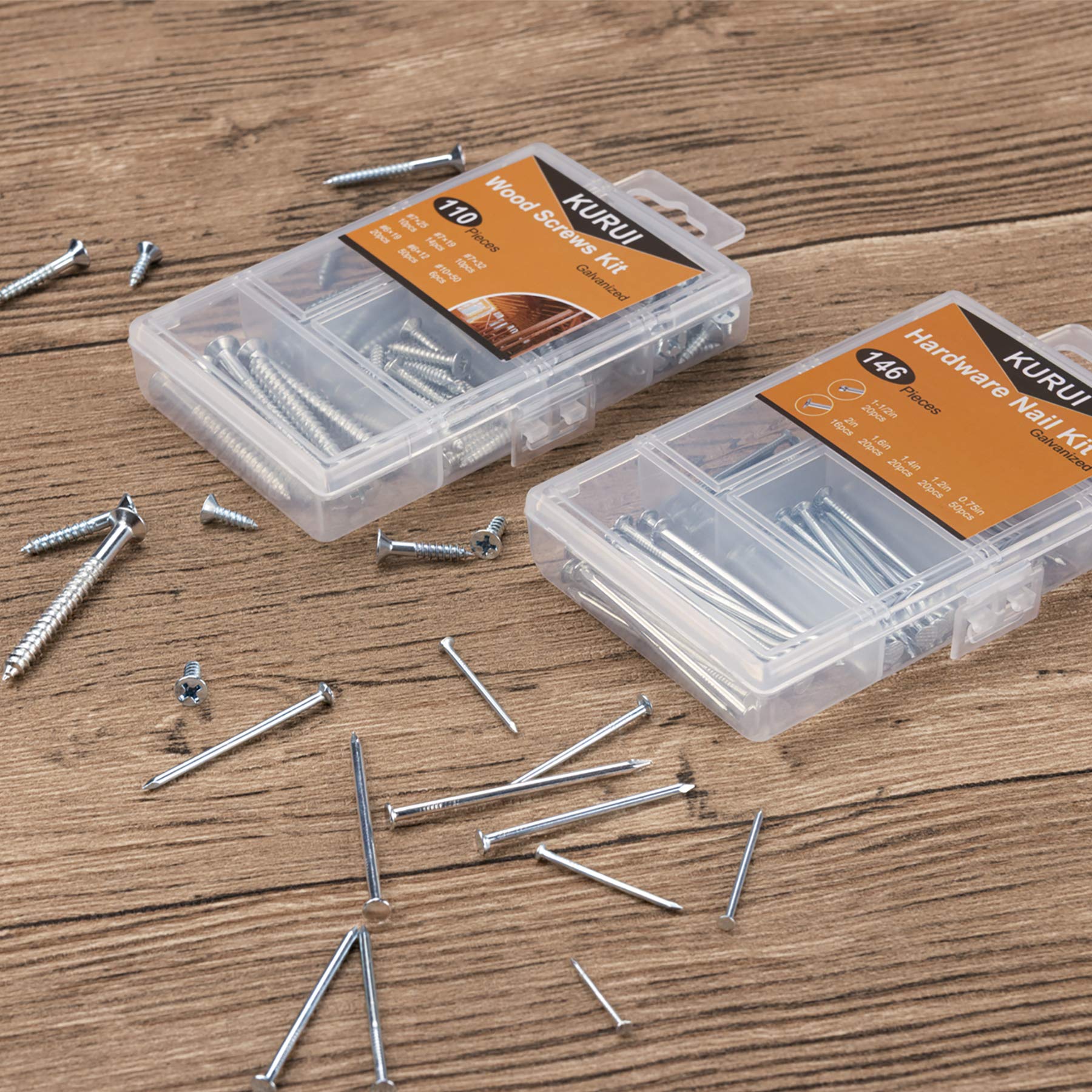 KURUI Hanging Nails and Wood Screws Assorted Kit 256PCS, 110 Philips Flat Head Screws and 146 Picture Hanging Nails, 6 Sizes Small Nails and Small Screws Assortment with Organizer Box