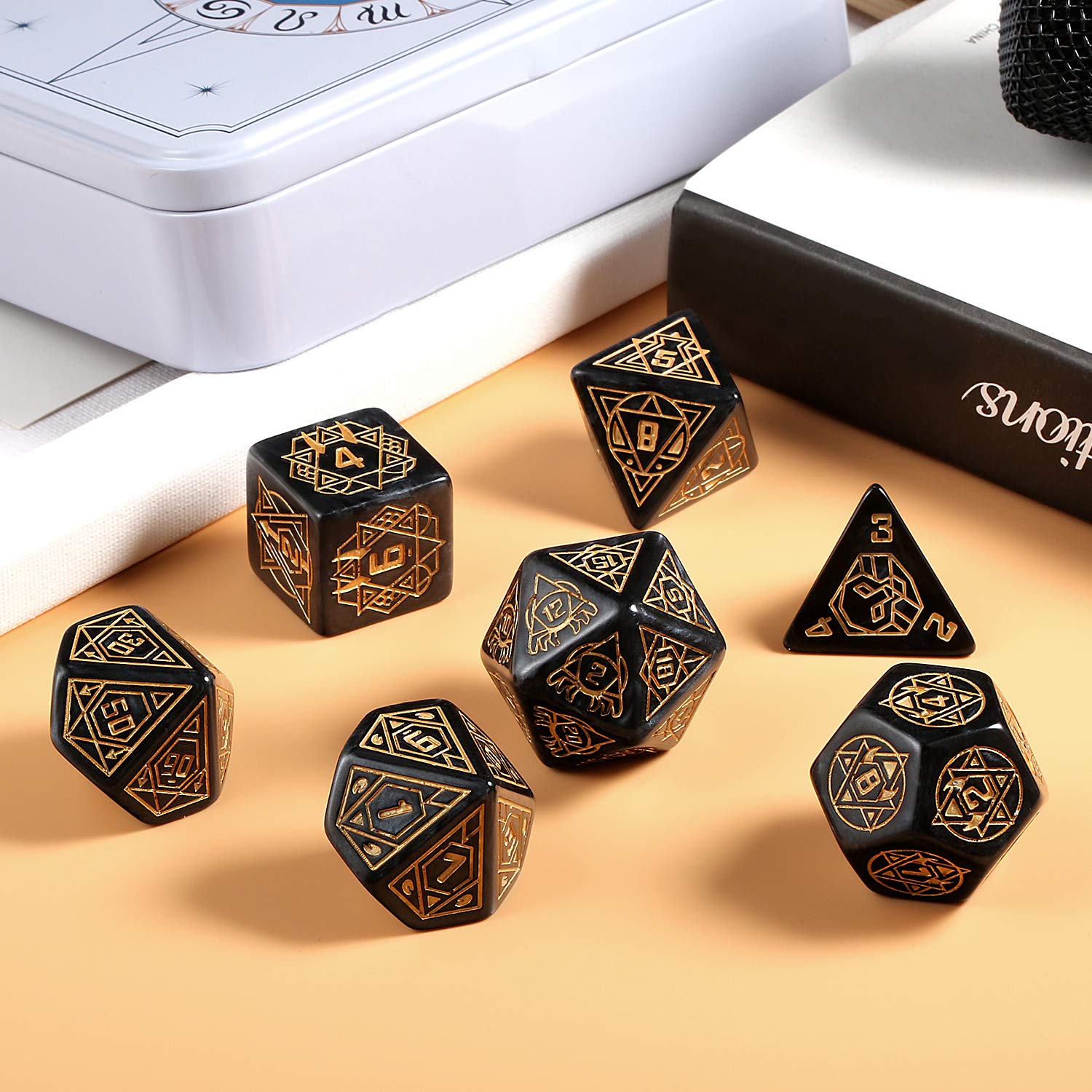 25mm Giant Polyhedral Dice Set D&D, DNDND Constellation Patterns DND Dice with Metal Tin for Role Playing Game Dungeons and Dragons (Black with Gold Number)
