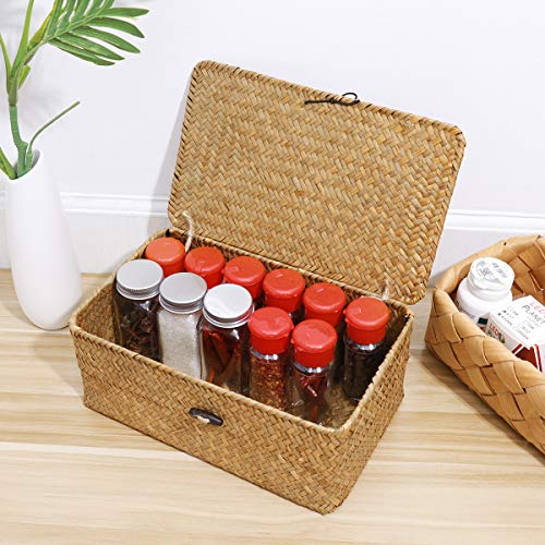 Hand Woven Rattan,Home Storage Basket Box with Lid & Removable Fabric Lined Interior, Seagrass Basketfor Shelf Organizer