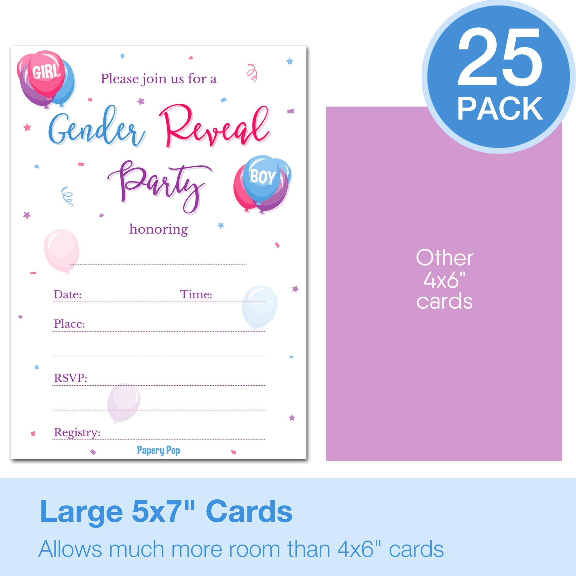 Set of 25 Gender Reveal Party Invitations with Envelopes, Diaper Raffle Tickets and Baby Shower Book Request Cards