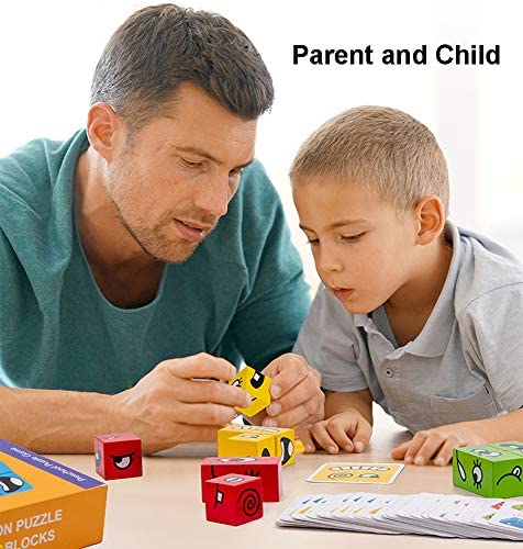 TACY Expressions Matching Wood Blocks Toy Making Emotion Game Challenge Cards for Children's Logical Thinking Intellectual Training Toys Parent-Child Board Game