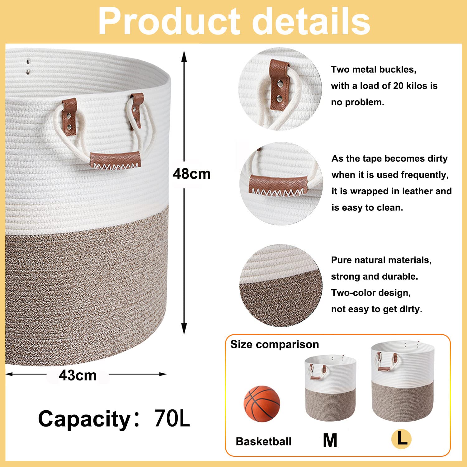 WSNYY Large Cotton Rope Basket, Storage Basket, Woven Laundry Hamper, Toy Storage Bin, Nursery Storage Basket, Baby Bin Organizer, White & Brown, 17x19 Inches