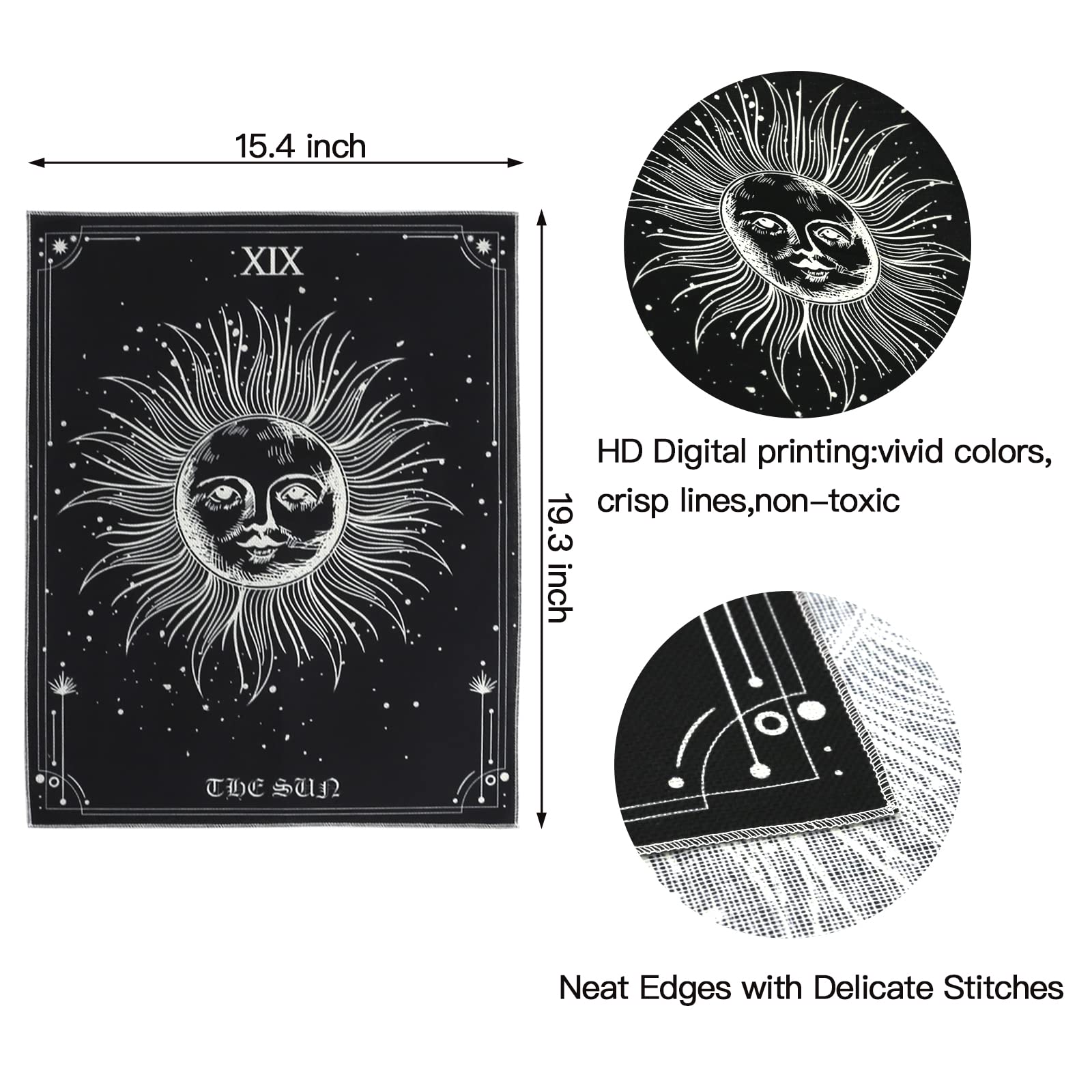 3 Pack Tarot Tapestry, Sun Moon & Star Tarot Card Tapestry, Vintage Sun Tapestry Vertical Aesthetic Wall Hanging With Seamless Nails (Black 15.4" x19.3") (Black)