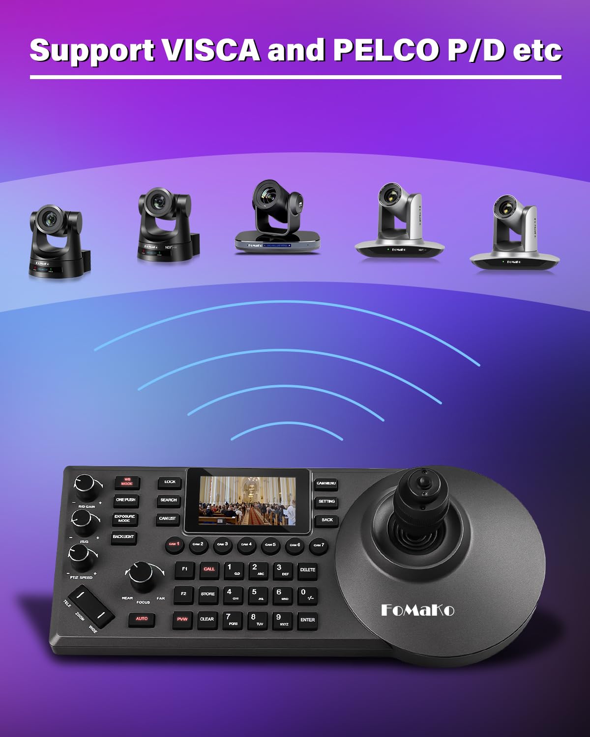 FoMaKo PTZ Controller PoE 3" LCD Screen Preview, 4D Joystick PTZ Camera Controller for Church Live Service Education, Visca PELCO D/P RS232 RS485 (No NDI License) (KC608 Pro)